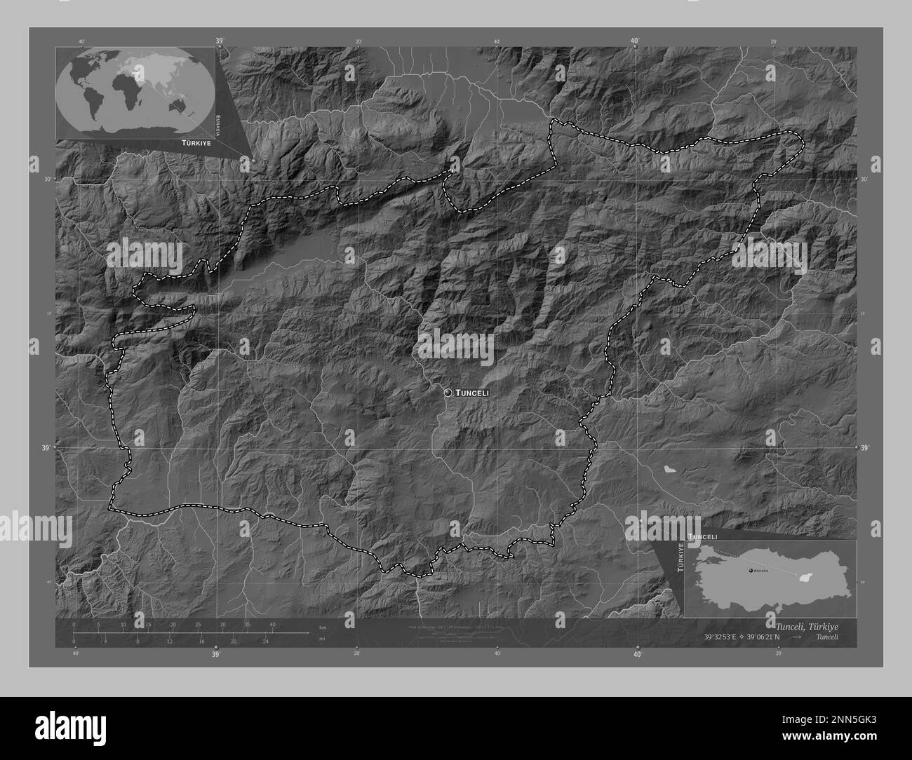 Tunceli, province of Turkiye. Grayscale elevation map with lakes and ...