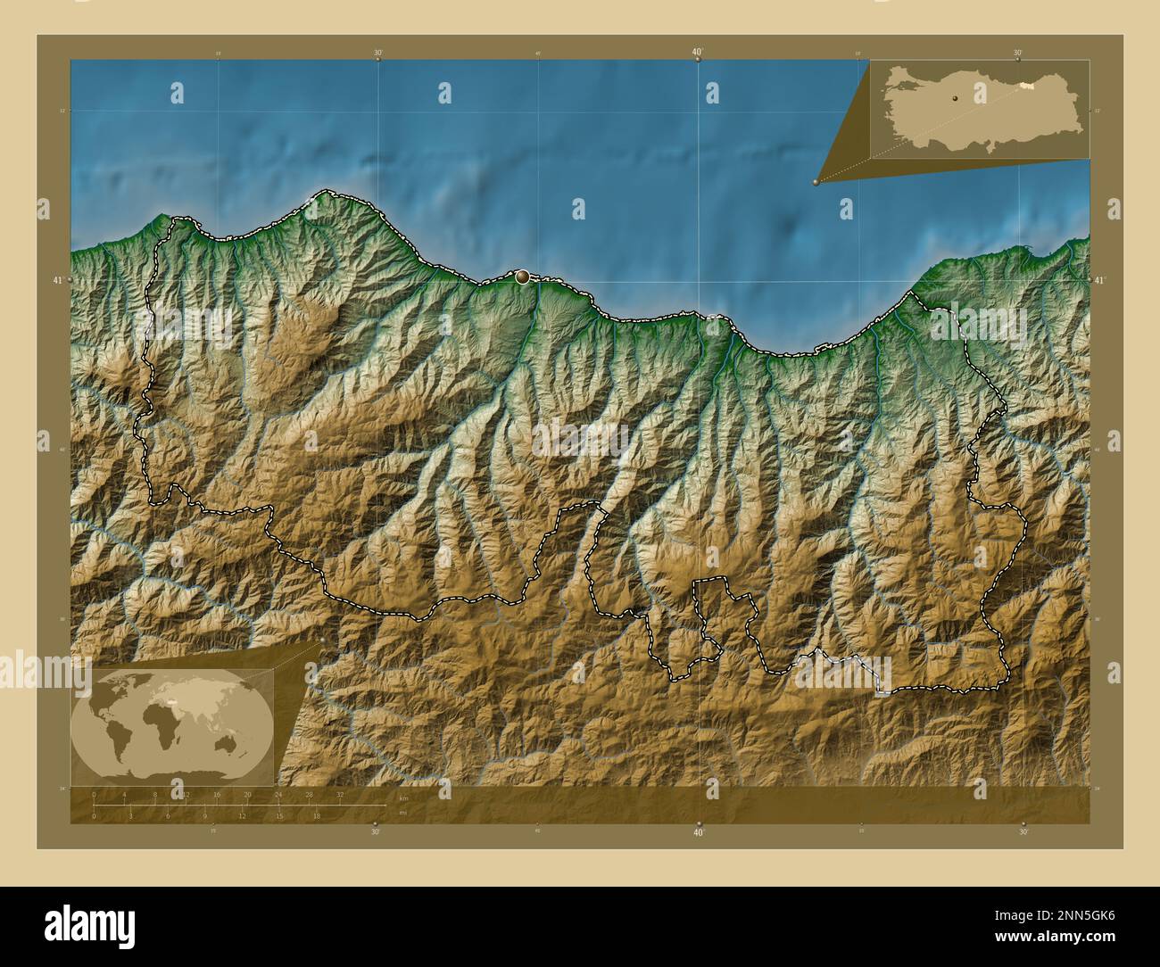 Trabzon, province of Turkiye. Colored elevation map with lakes and ...
