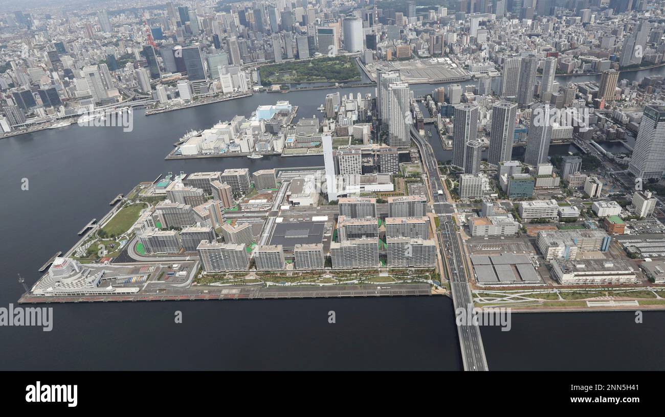 An aerial photo shows Olympic Village in Koto Ward, Tokyo on June 26 ...