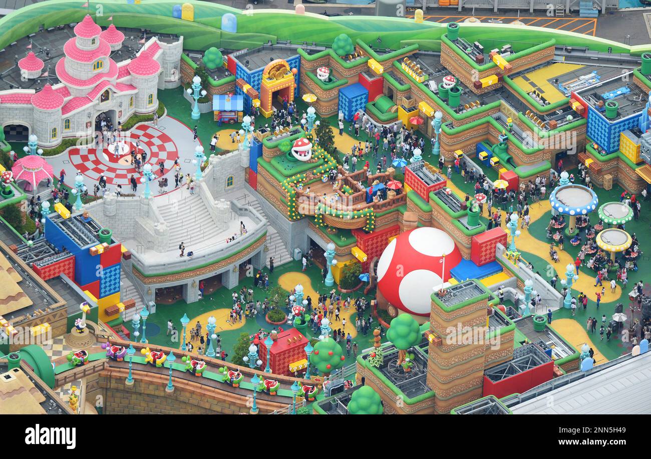 An aerial photo shows Universal Studios Japan (USJ) in Osaka City ...