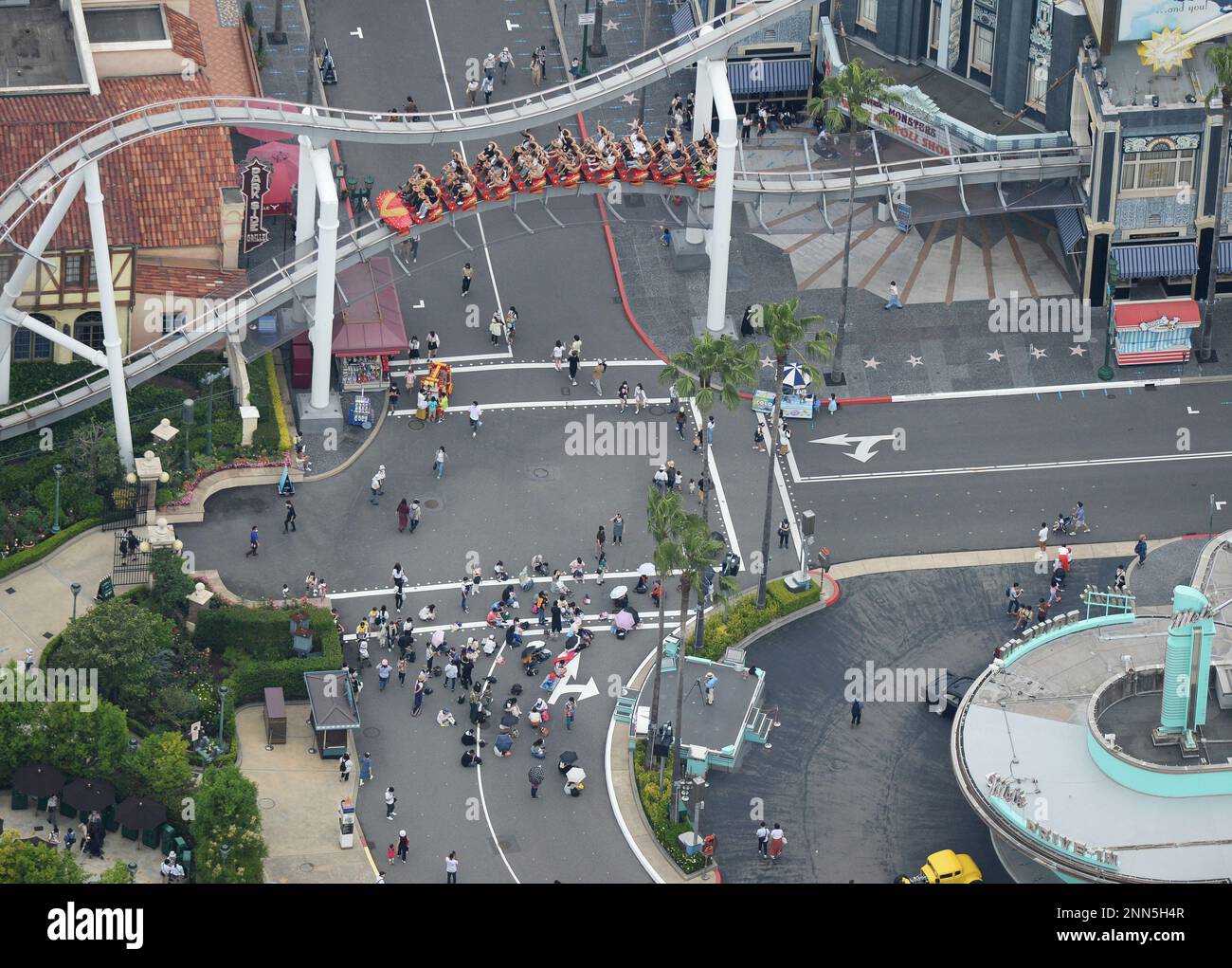 An aerial photo shows Universal Studios Japan (USJ) in Osaka City ...