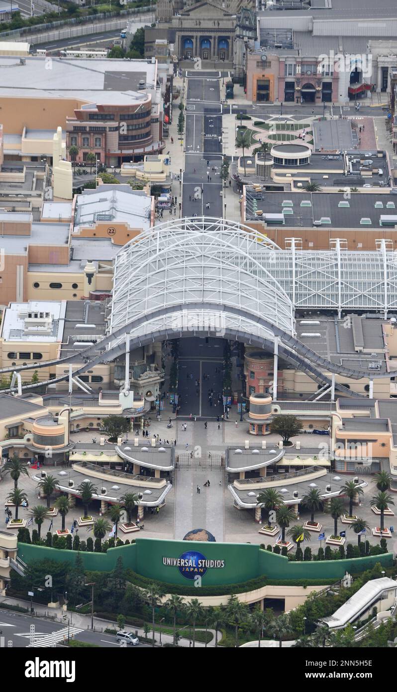 An aerial photo shows Universal Studios Japan (USJ) in Osaka City ...