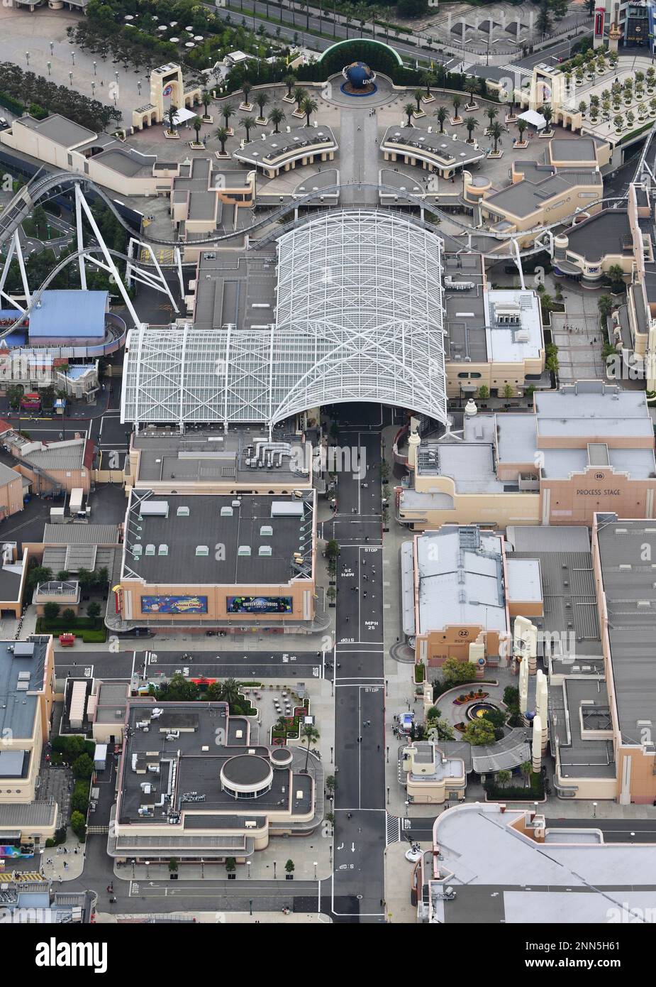 An aerial photo shows Universal Studios Japan (USJ) in Osaka City ...