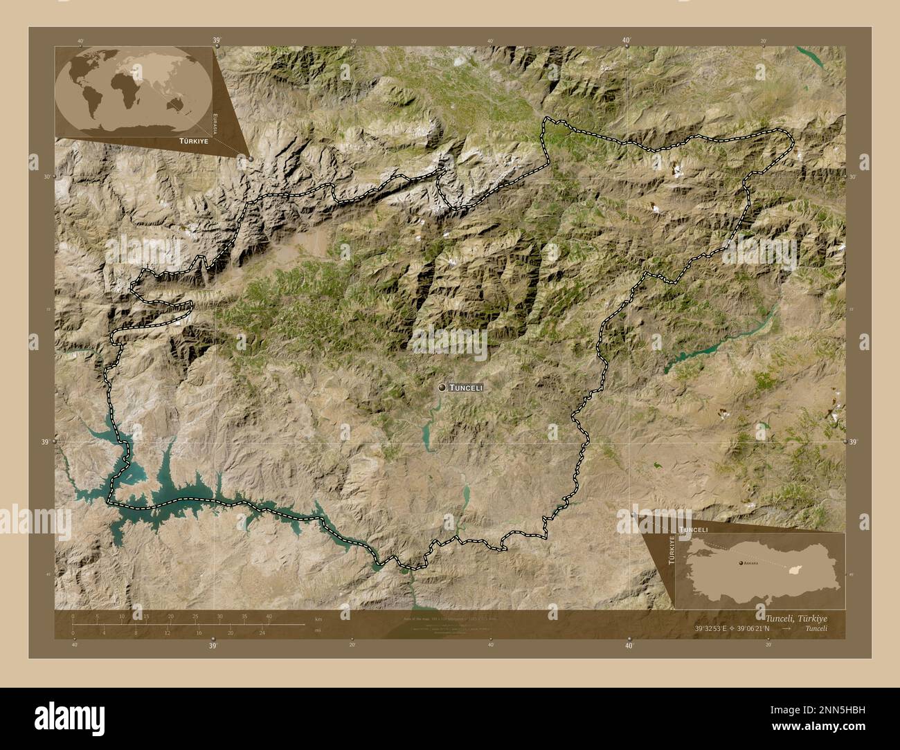 Tunceli, province of Turkiye. Low resolution satellite map. Locations ...
