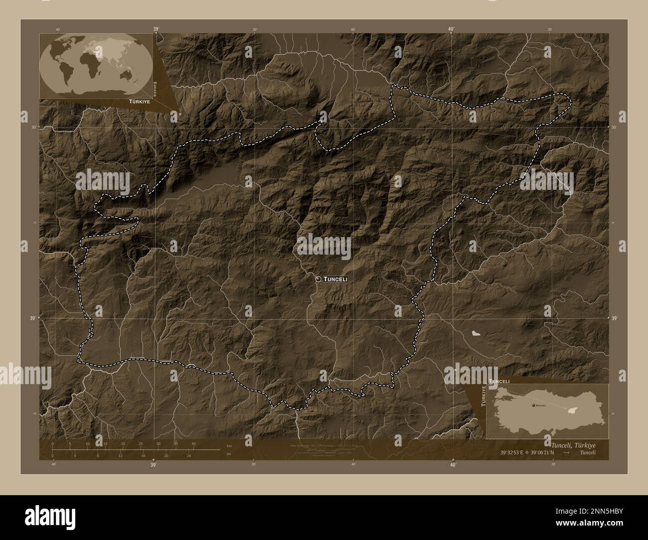 Tunceli, province of Turkiye. Elevation map colored in sepia tones with ...