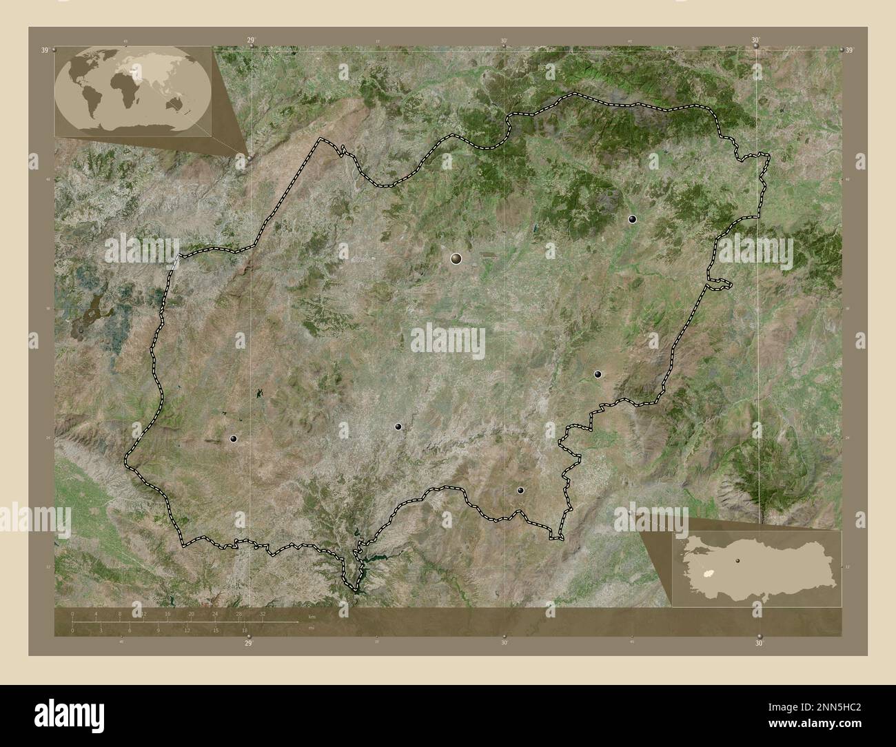Usak, province of Turkiye. High resolution satellite map. Locations of ...