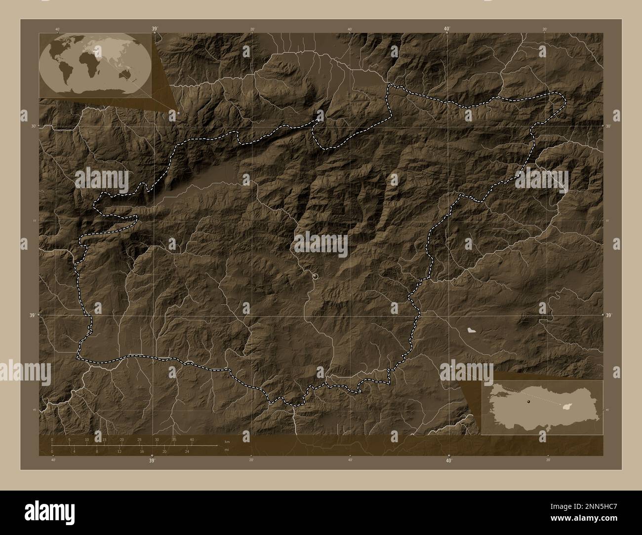 Tunceli, province of Turkiye. Elevation map colored in sepia tones with ...