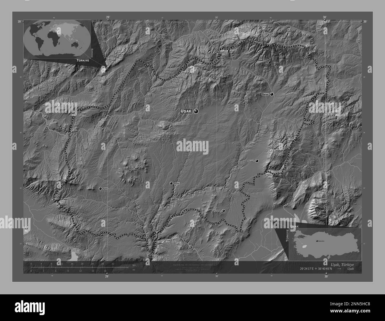 Usak, province of Turkiye. Bilevel elevation map with lakes and rivers ...