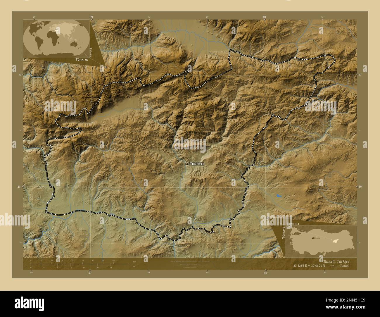 Tunceli, province of Turkiye. Colored elevation map with lakes and ...