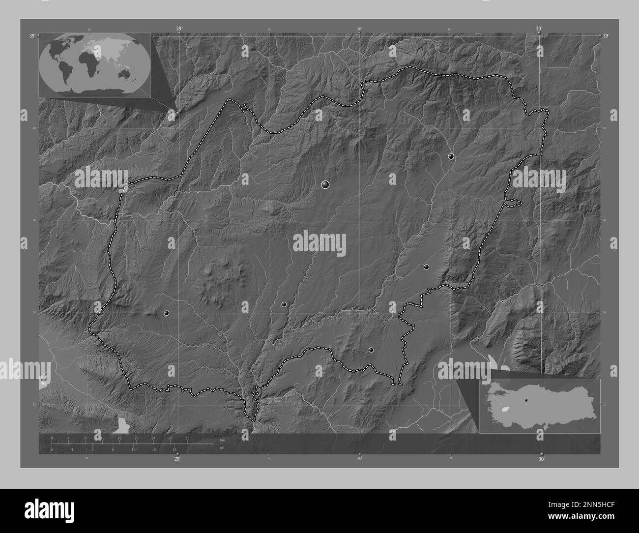 Usak, province of Turkiye. Grayscale elevation map with lakes and ...