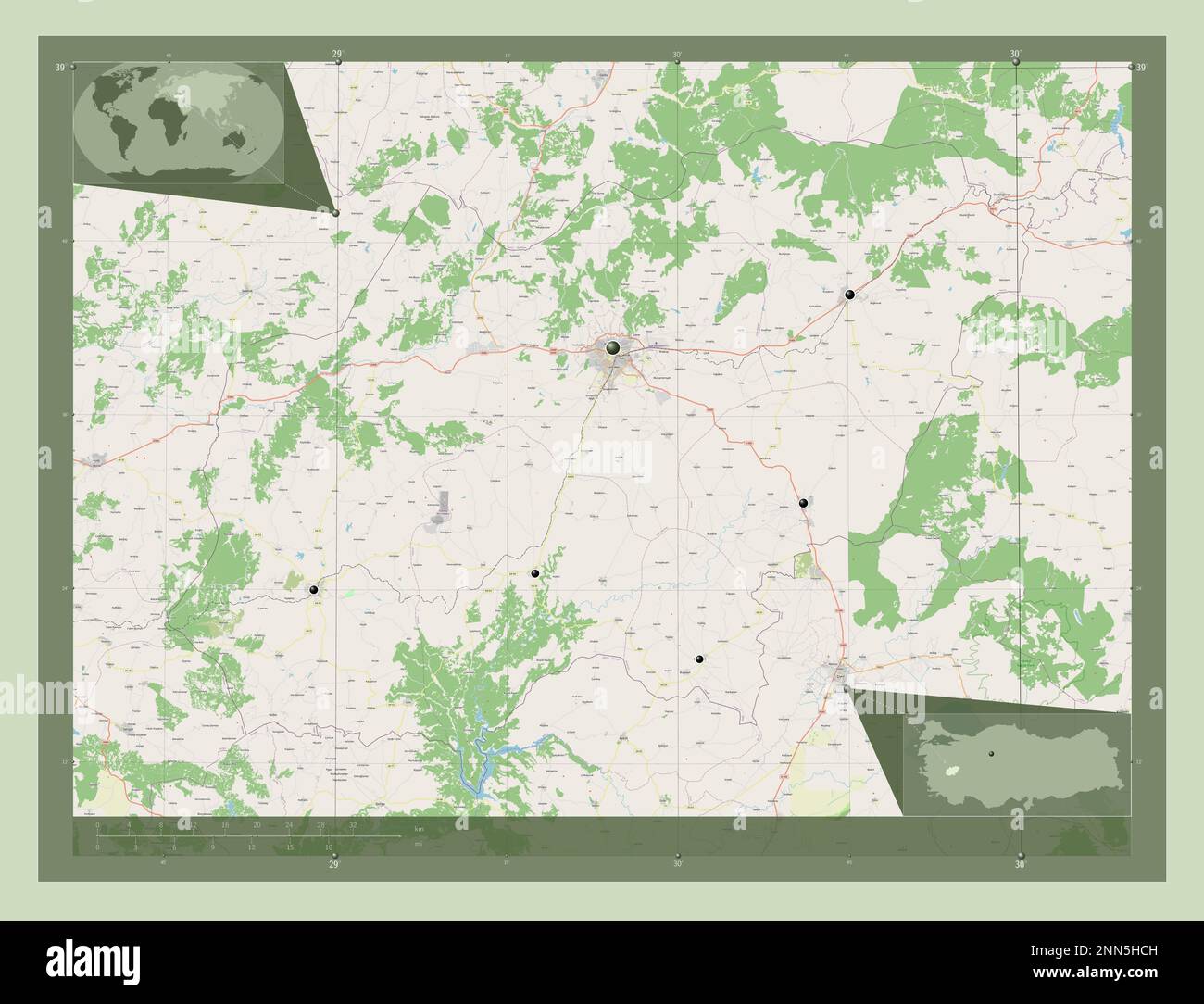 Usak, province of Turkiye. Open Street Map. Locations of major cities ...
