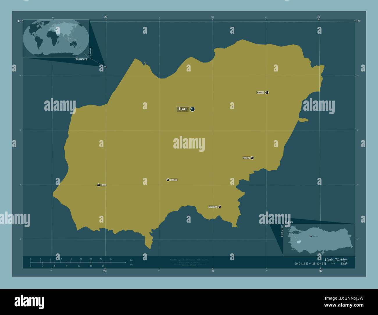Usak, province of Turkiye. Solid color shape. Locations and names of ...