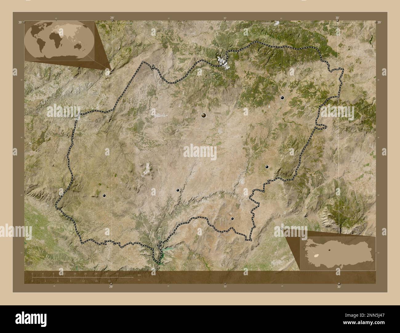 Usak, province of Turkiye. Low resolution satellite map. Locations of ...