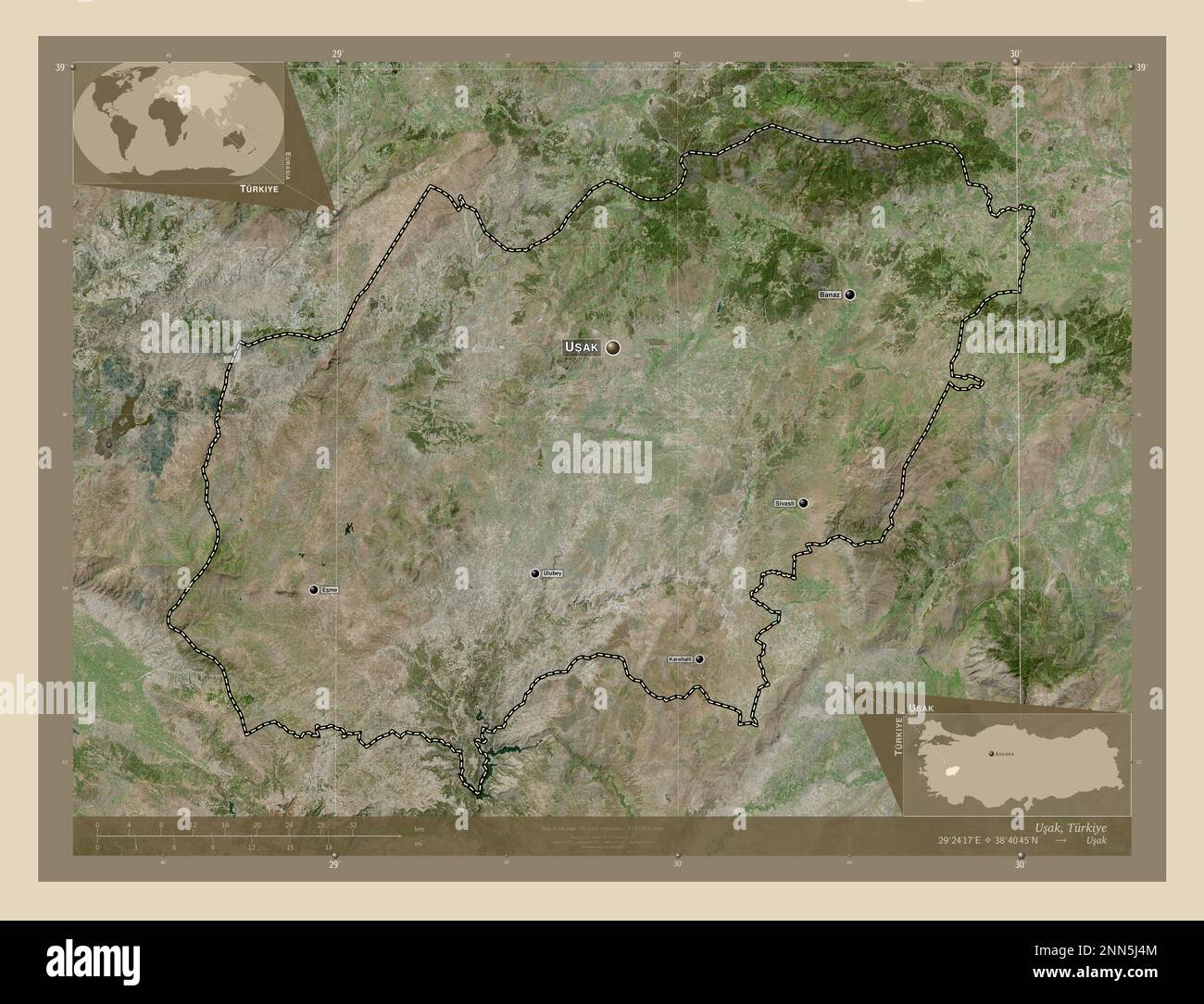 Usak, province of Turkiye. High resolution satellite map. Locations and ...