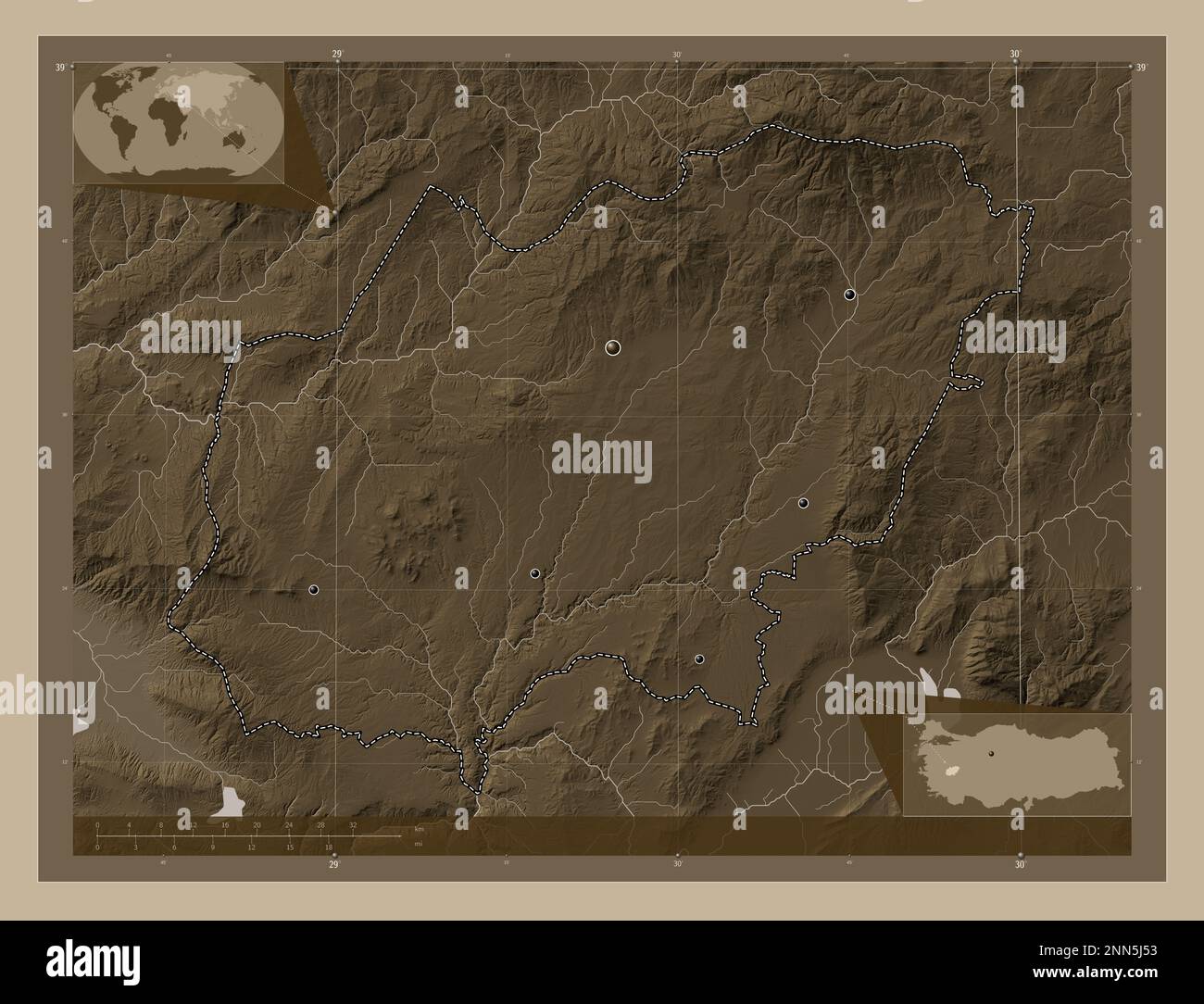 Usak, province of Turkiye. Elevation map colored in sepia tones with ...