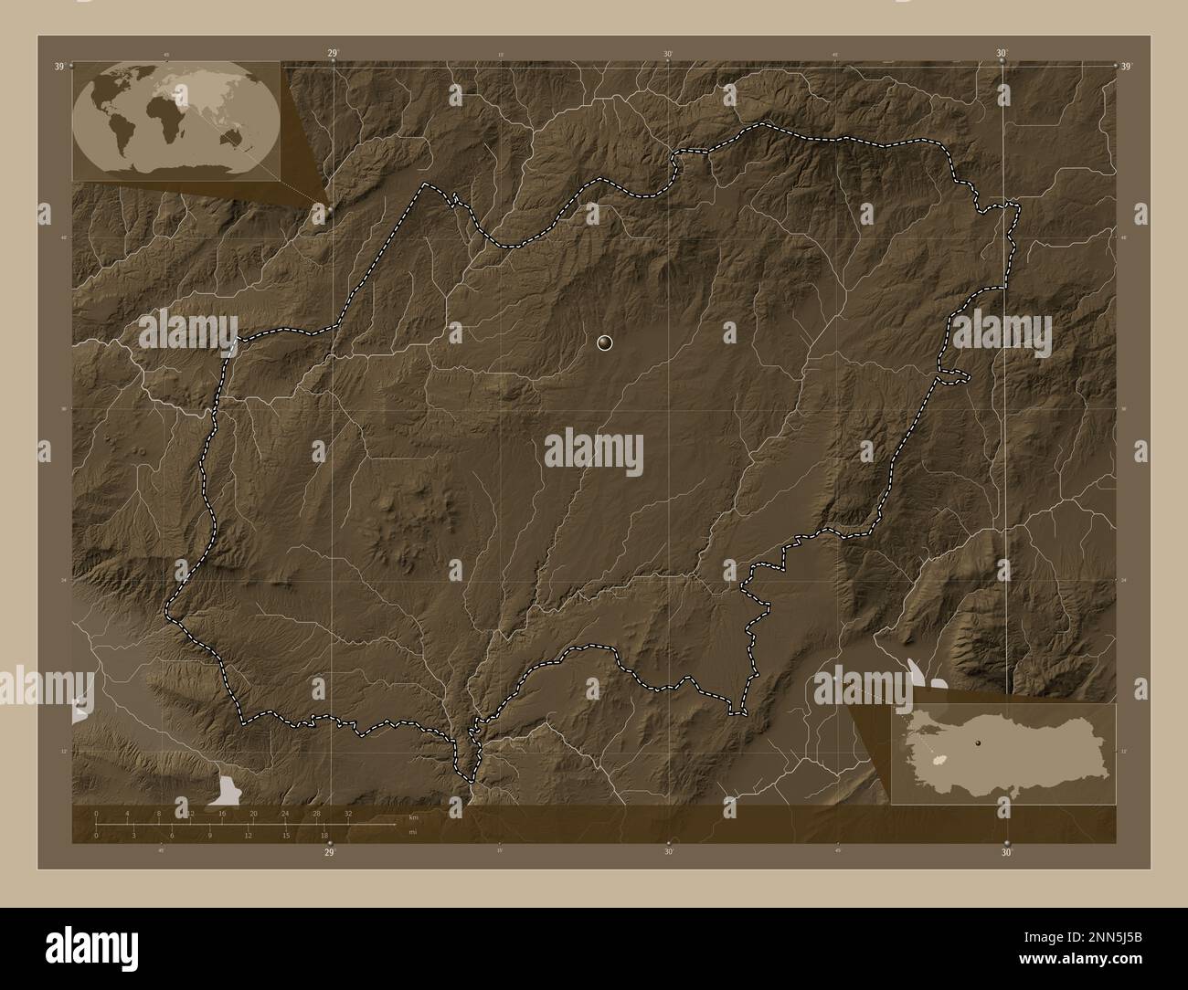 Usak, province of Turkiye. Elevation map colored in sepia tones with ...