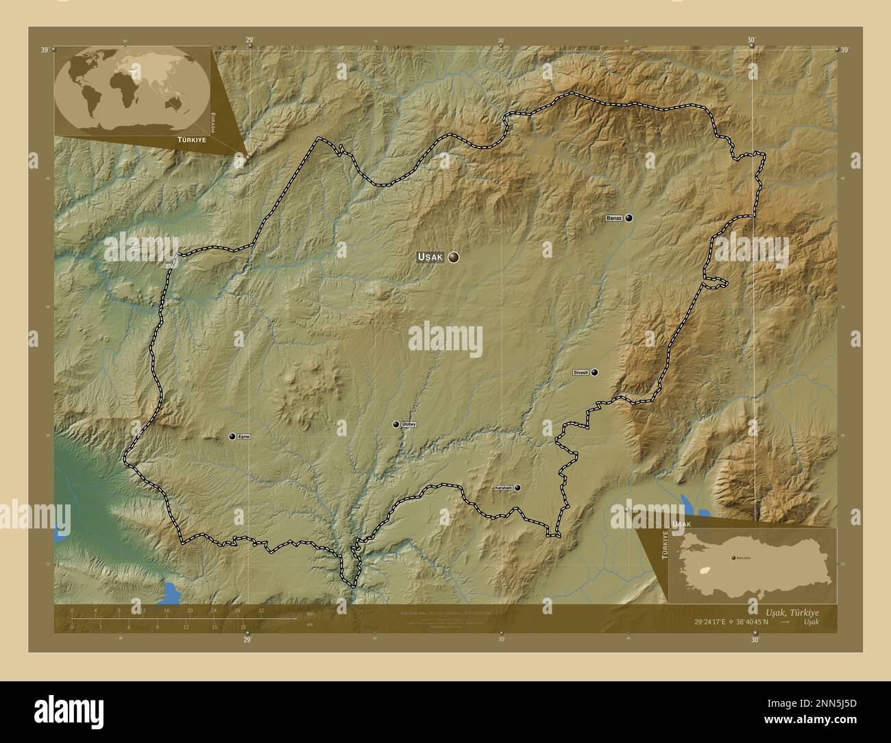 Usak, province of Turkiye. Colored elevation map with lakes and rivers ...