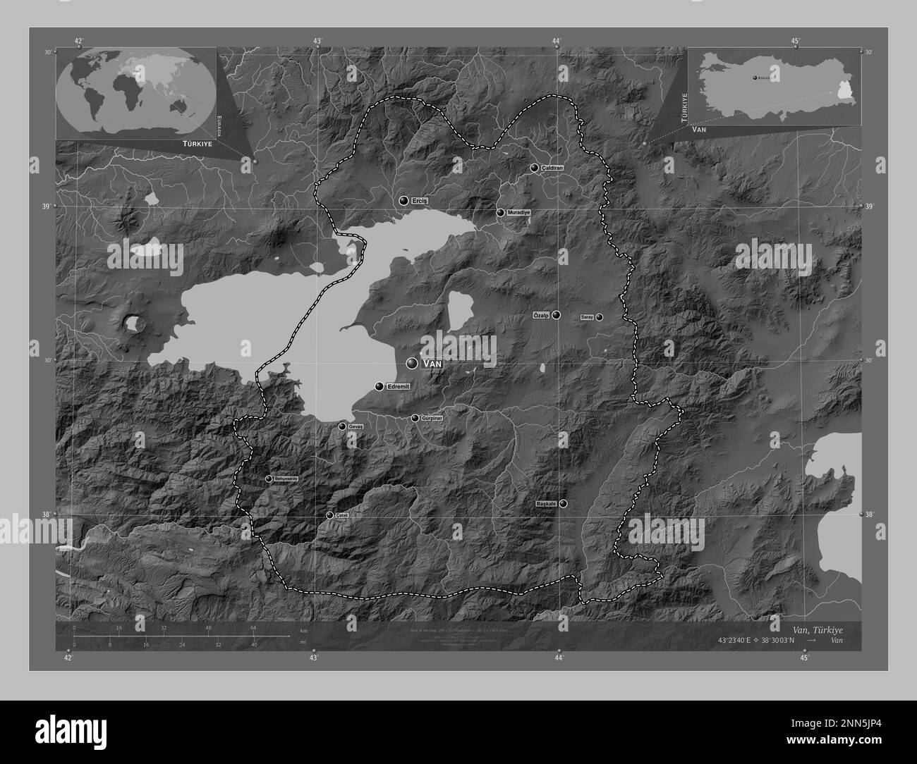 Van, province of Turkiye. Grayscale elevation map with lakes and rivers ...