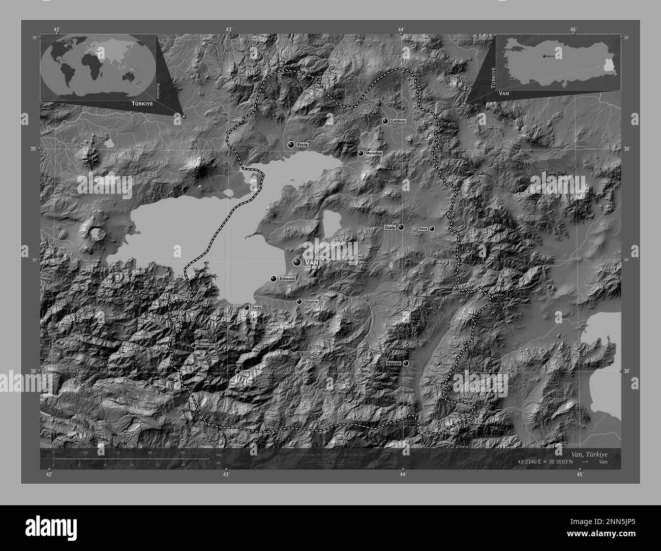 Van, province of Turkiye. Bilevel elevation map with lakes and rivers ...