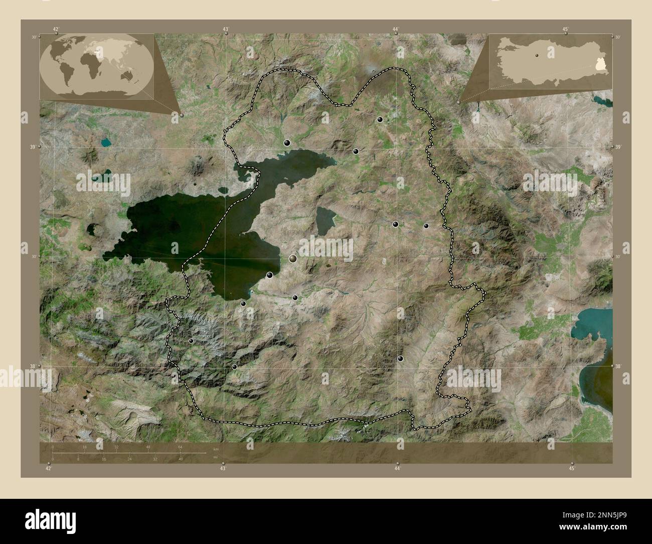 Van, province of Turkiye. High resolution satellite map. Locations of ...