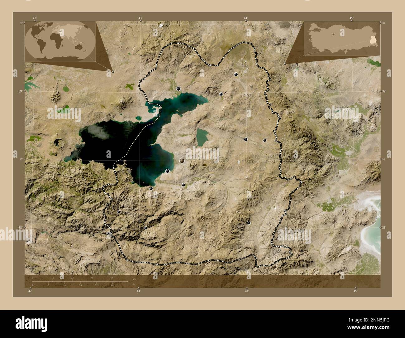 Van, province of Turkiye. Low resolution satellite map. Locations of ...