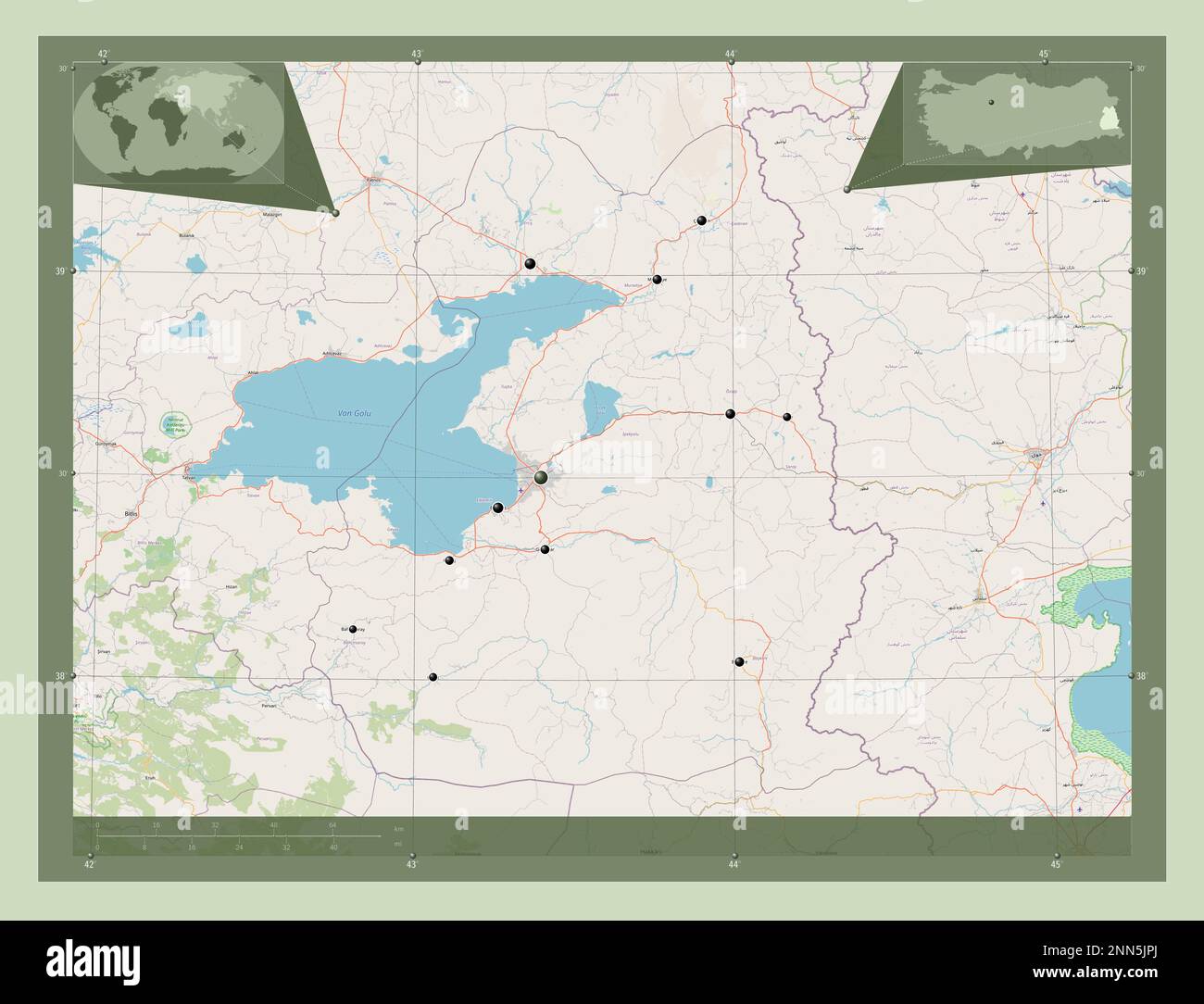 Van, province of Turkiye. Open Street Map. Locations of major cities of ...