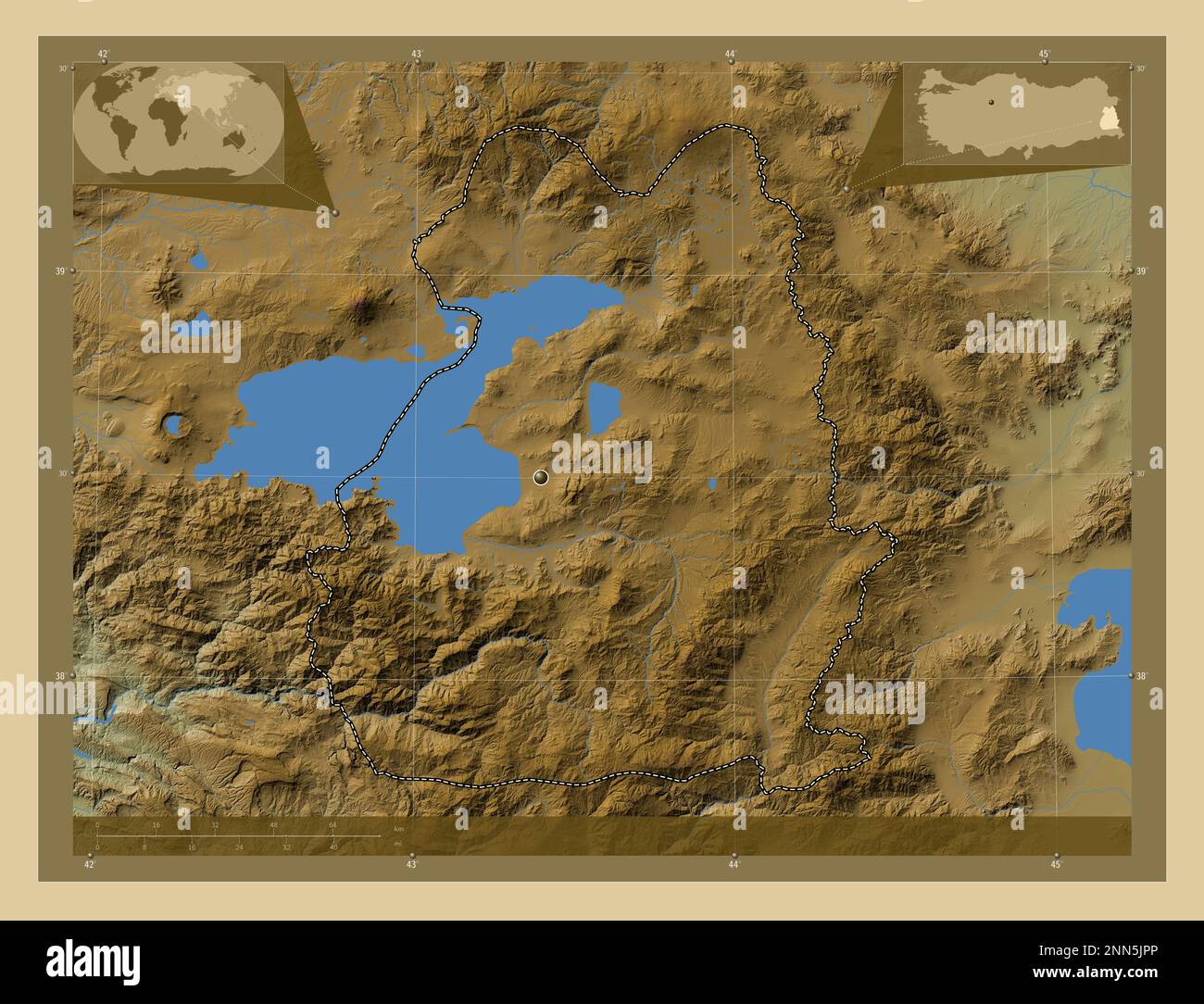 Van, province of Turkiye. Colored elevation map with lakes and rivers ...