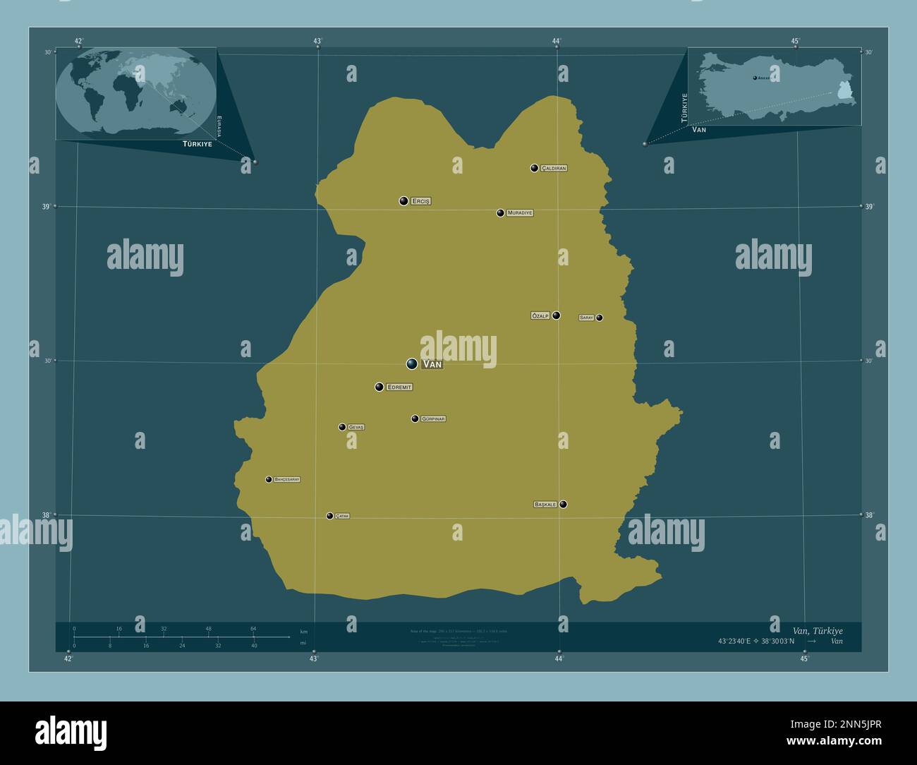 Van, province of Turkiye. Solid color shape. Locations and names of ...