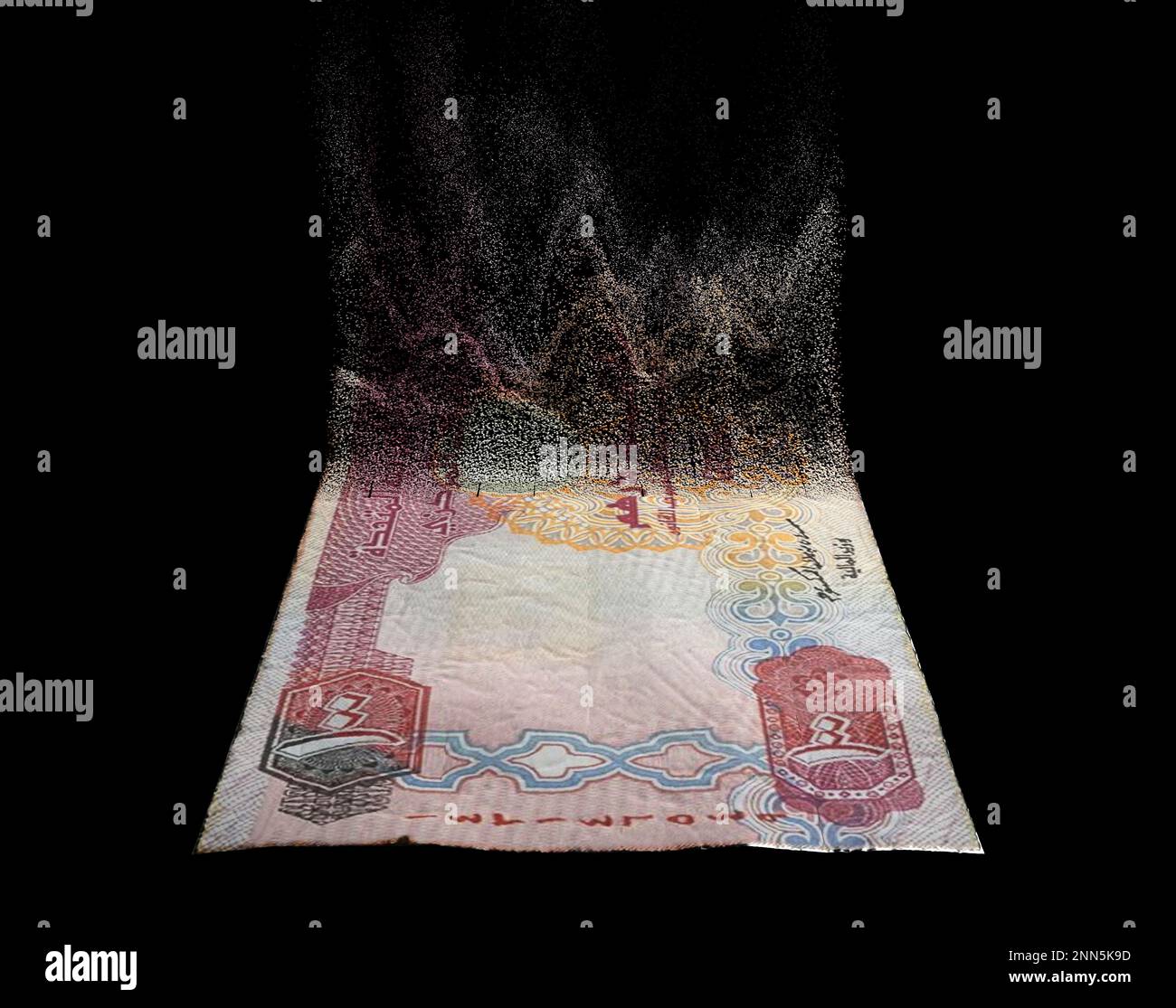 A concept image showing a half dissolved flat Dirham paper bank note on ...