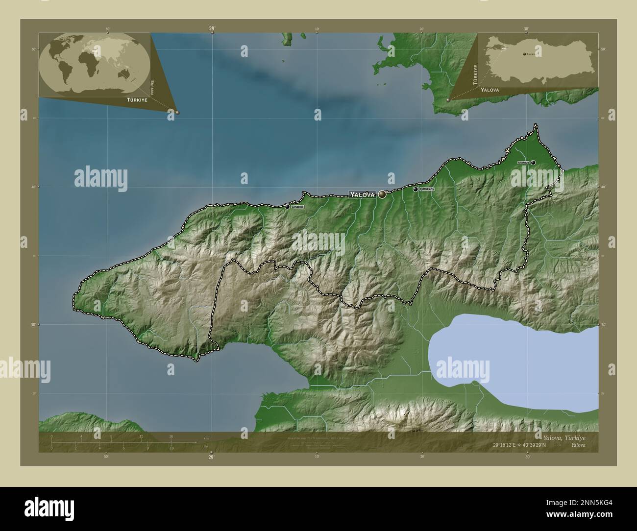 Yalova, province of Turkiye. Elevation map colored in wiki style with ...