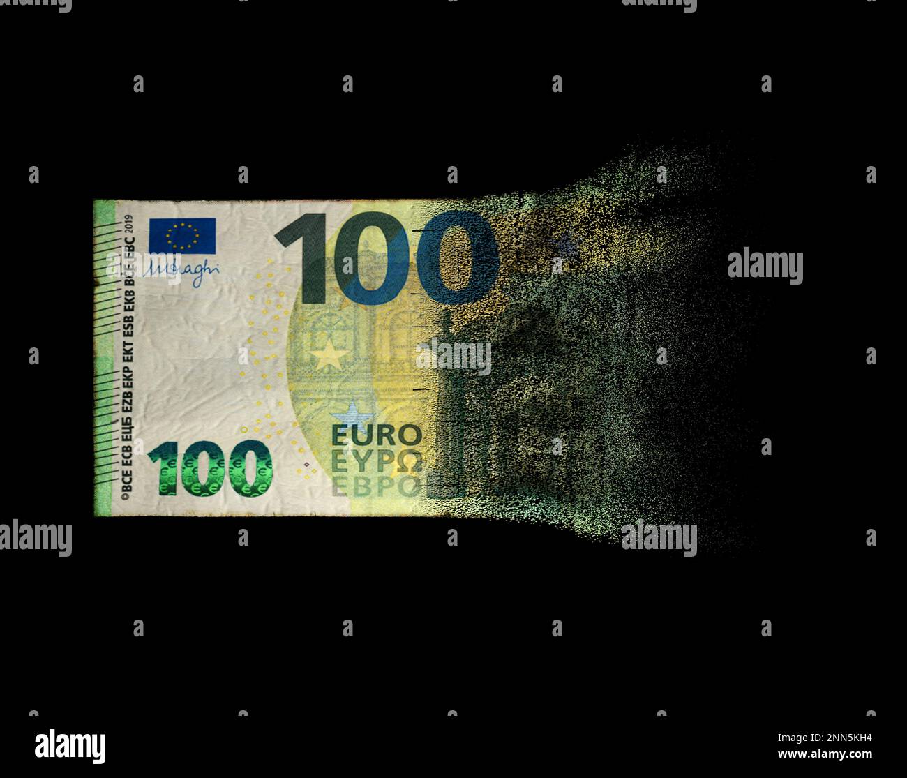 A concept image showing a half dissolved flat paper Euro bank note on a ...