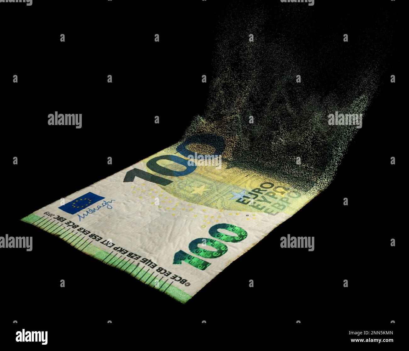 A concept image showing a half dissolved flat paper Euro bank note on a ...