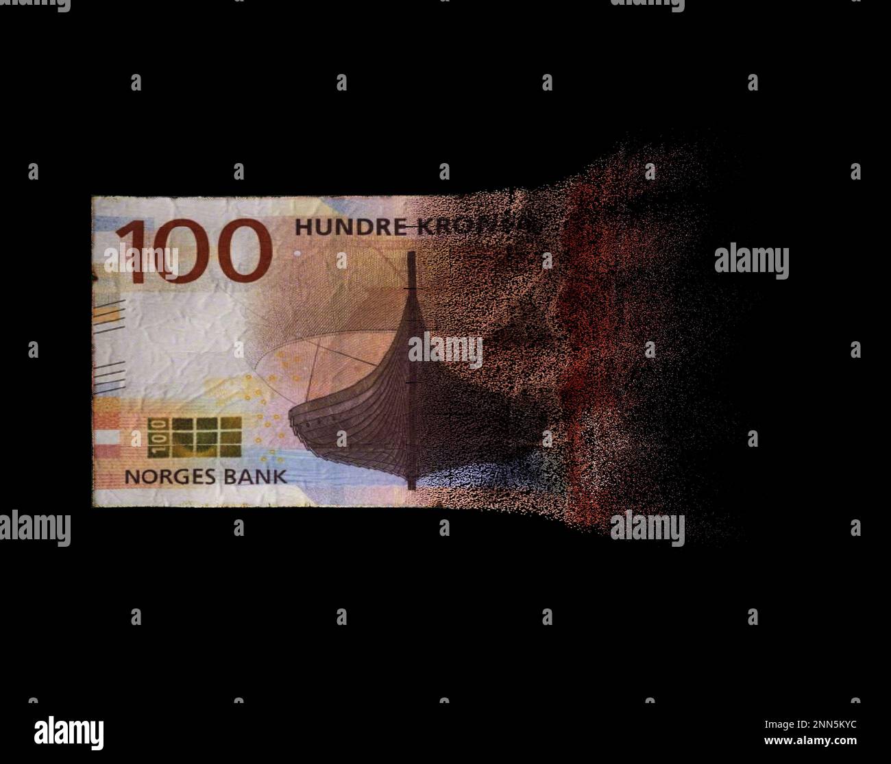 A concept image showing a half dissolved flat paper kroner bank note on ...