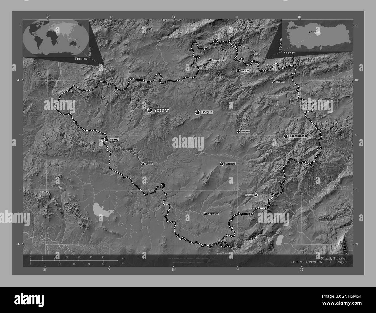 Yozgat, province of Turkiye. Bilevel elevation map with lakes and ...