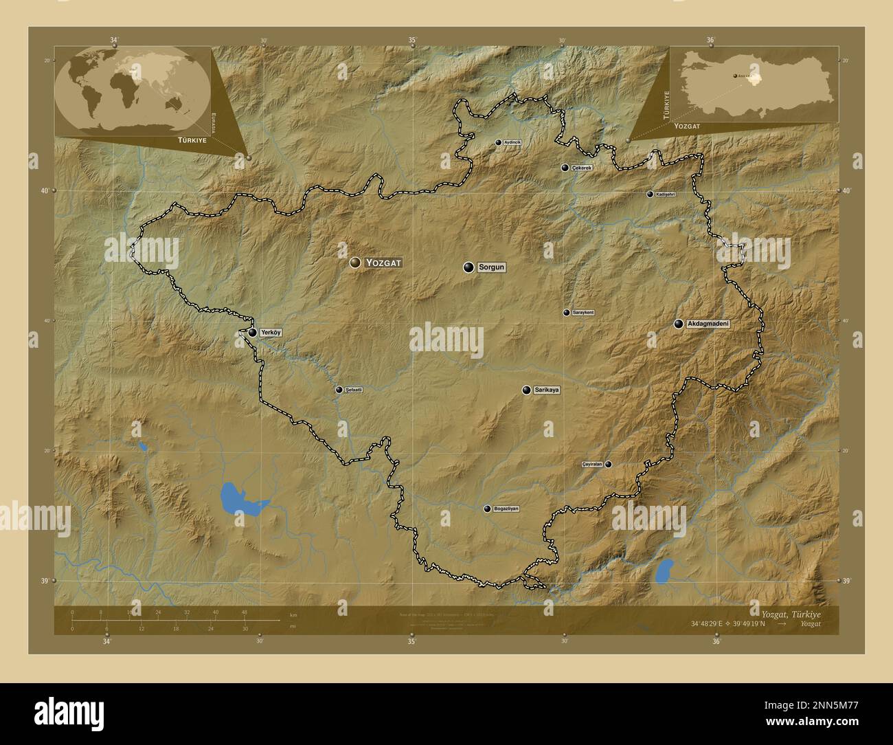 Yozgat, province of Turkiye. Colored elevation map with lakes and ...