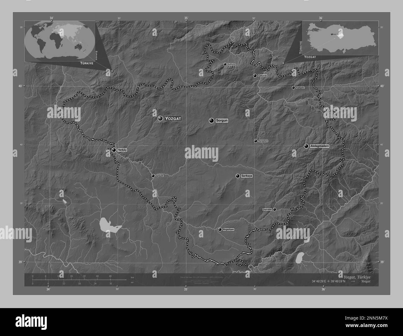 Yozgat, province of Turkiye. Grayscale elevation map with lakes and ...