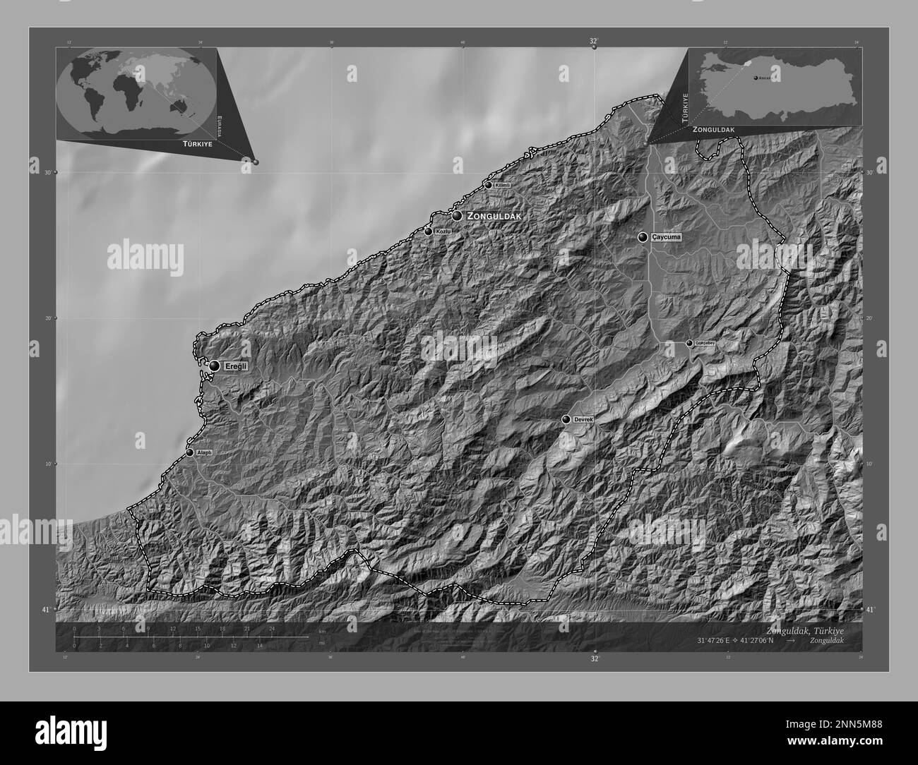 Zonguldak, province of Turkiye. Bilevel elevation map with lakes and ...
