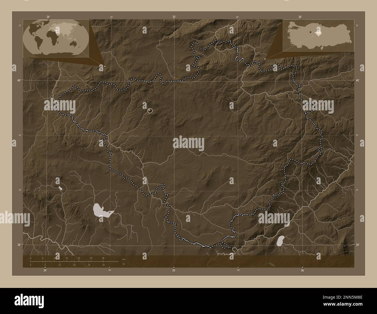 Yozgat, province of Turkiye. Elevation map colored in sepia tones with ...