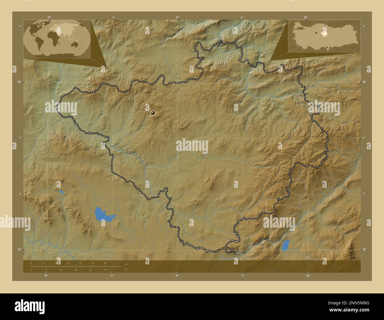 Yozgat, province of Turkiye. Colored elevation map with lakes and ...