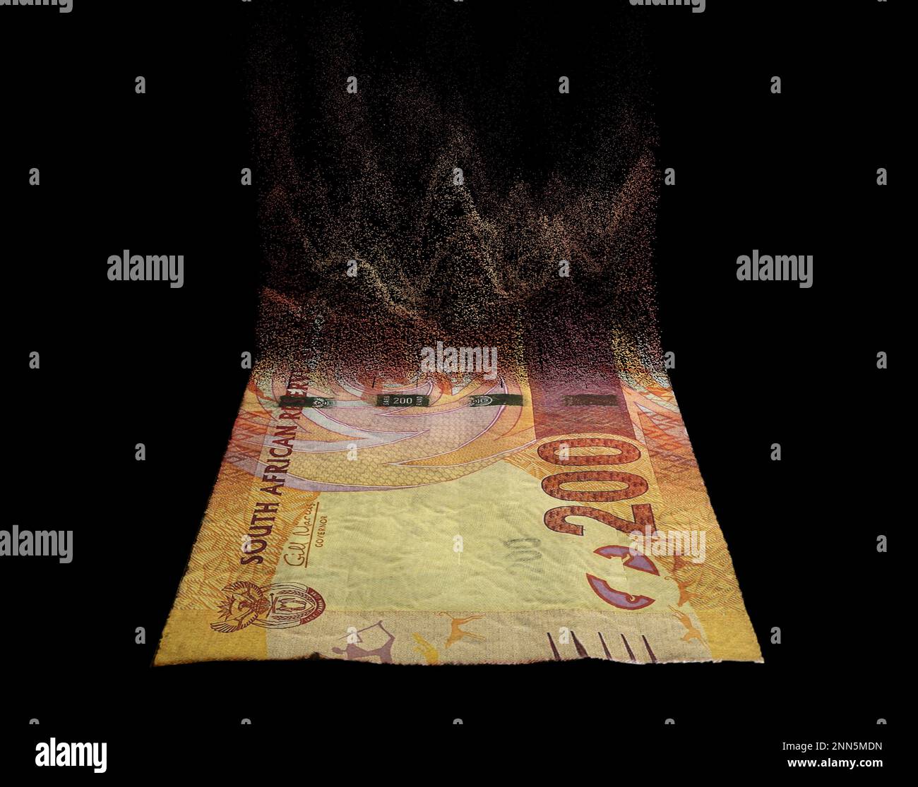 A concept image showing a half dissolved flat paper South African Rand ...