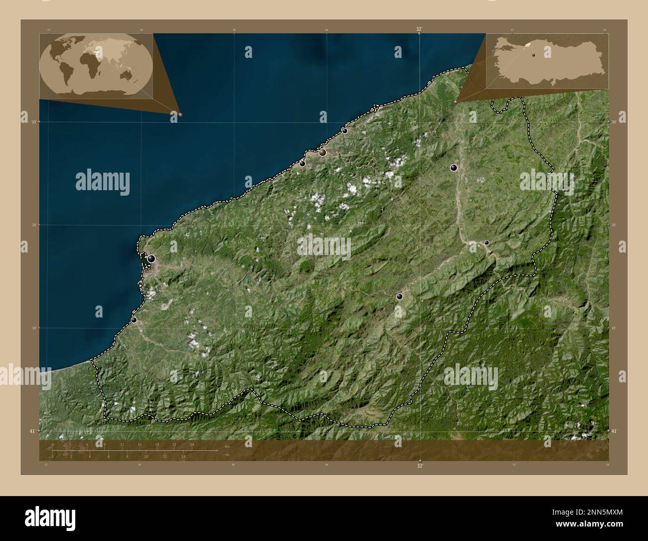 Zonguldak, province of Turkiye. Low resolution satellite map. Locations ...