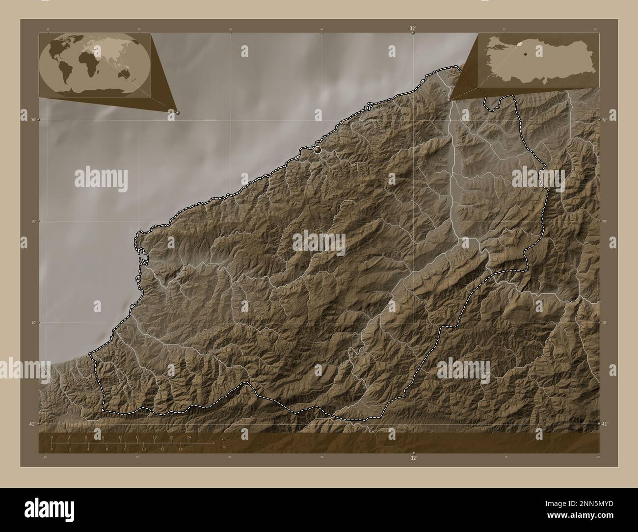 Zonguldak, province of Turkiye. Elevation map colored in sepia tones ...
