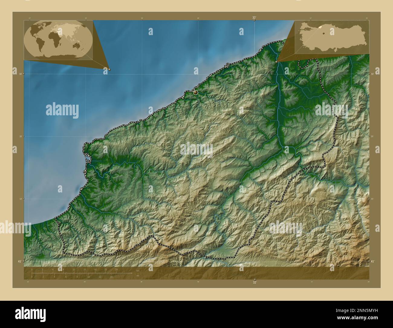 Zonguldak, province of Turkiye. Colored elevation map with lakes and ...