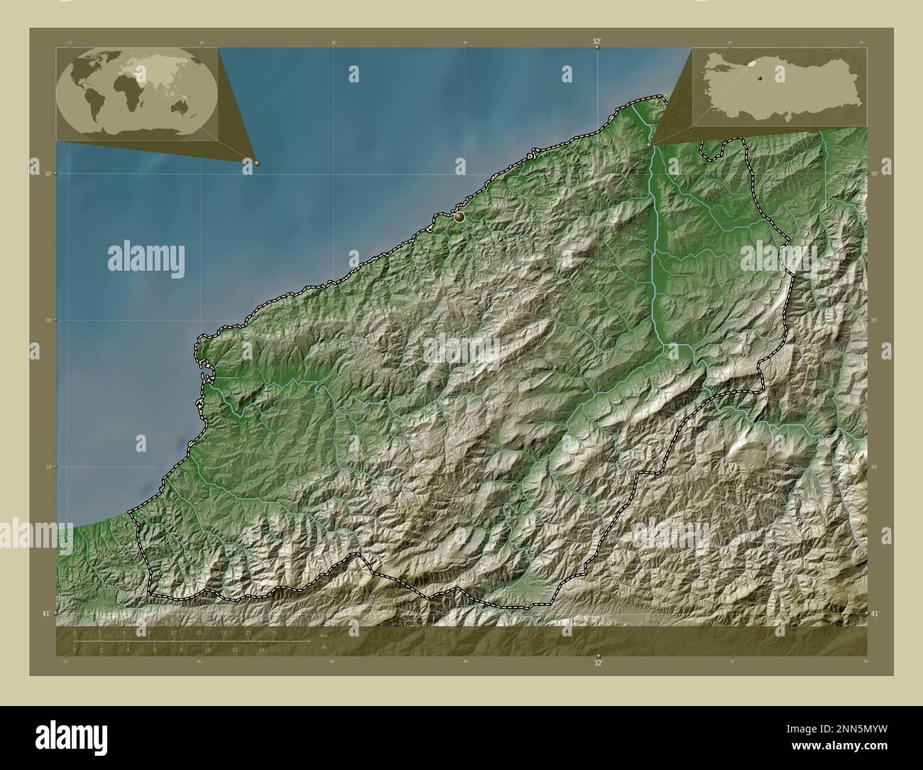 Zonguldak, province of Turkiye. Elevation map colored in wiki style ...