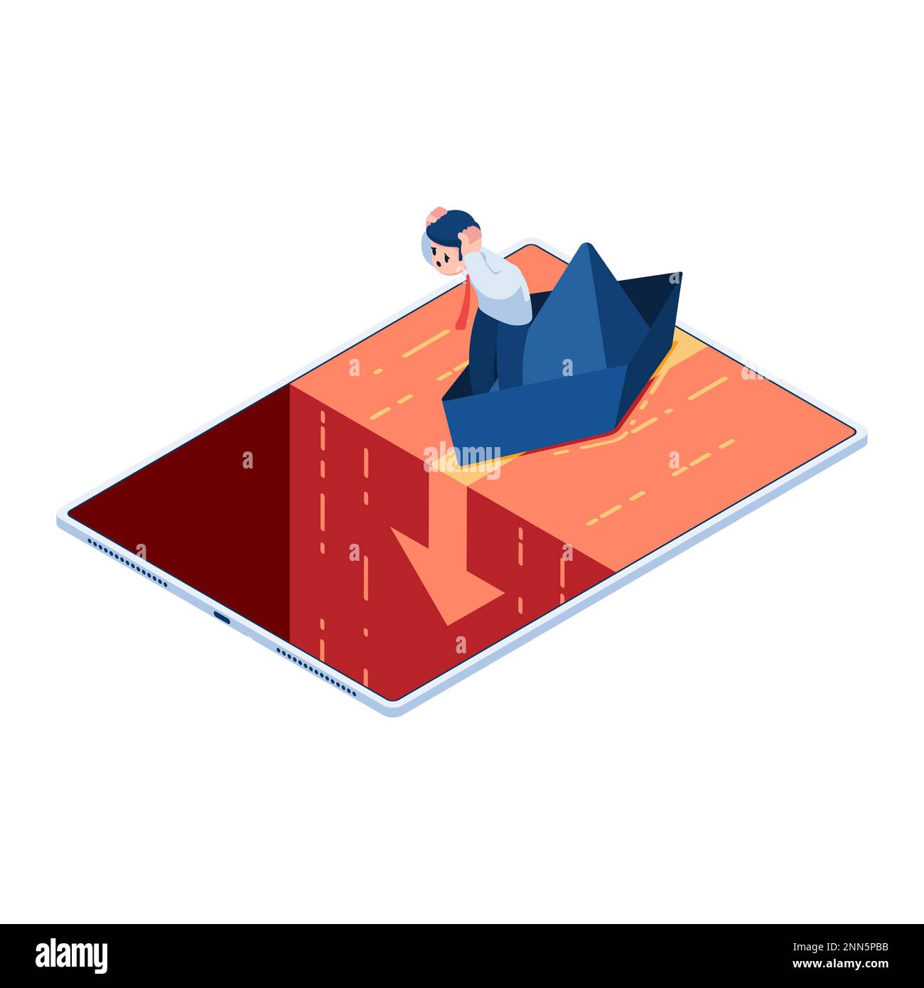 Flat 3d Isometric Businessman on a Paper Boat Heading to The Red Ocean ...