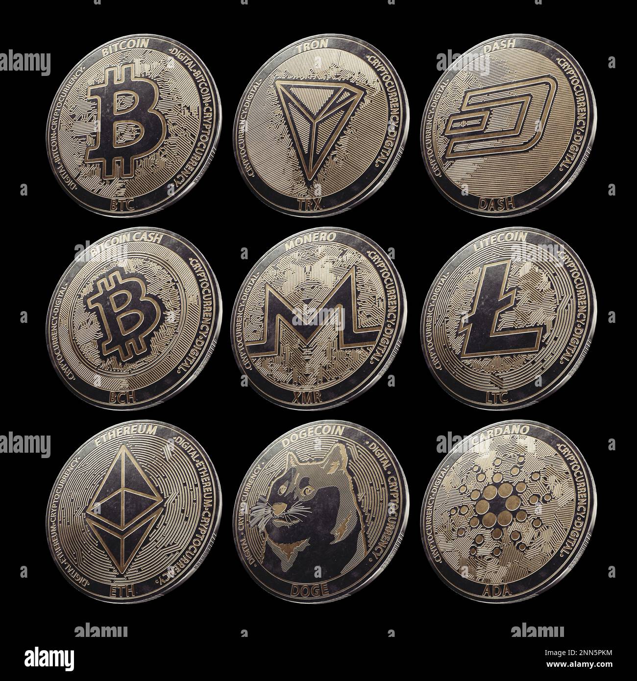 A collection of physical cryptocurrency bitcoin, ethereum, monero, tron ...