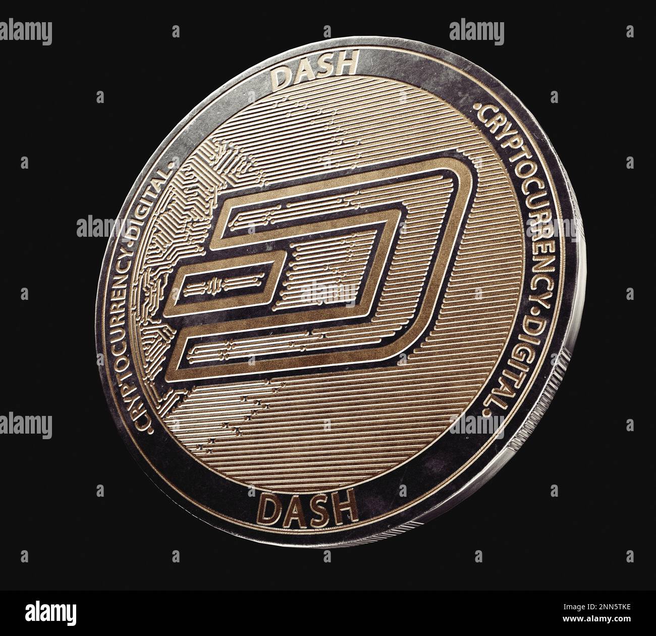 A dimly lit physical Dash cryptocurrency in bronze and silver coin form ...