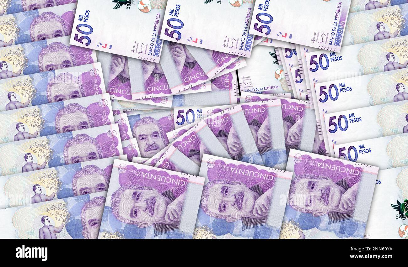Colombia Pesos banknotes in a cash fan mosaic pattern. Colombian COP ...