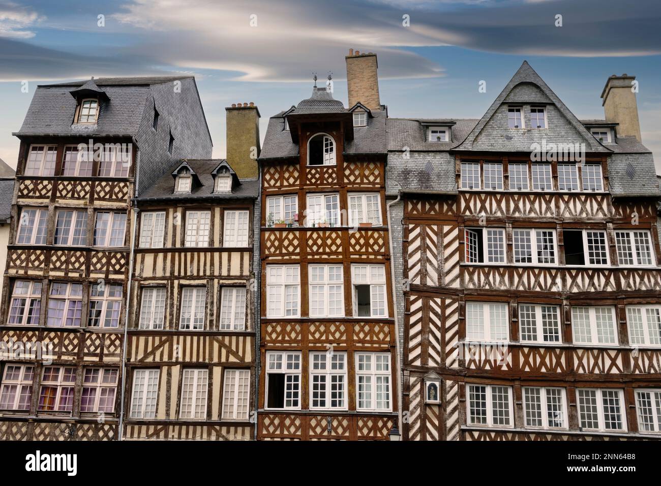 Medieval street with typical half-timbered houses in the French city of ...