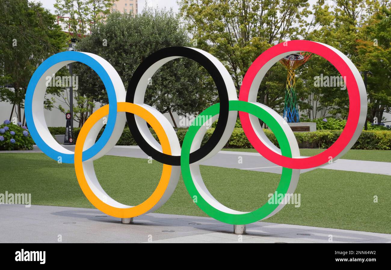 A photo shows a five-ring Olympic emblem in ftont of National Stadium ...